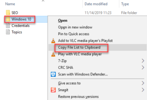 How to copy a Folder’s file list in Windows 10 with a right click